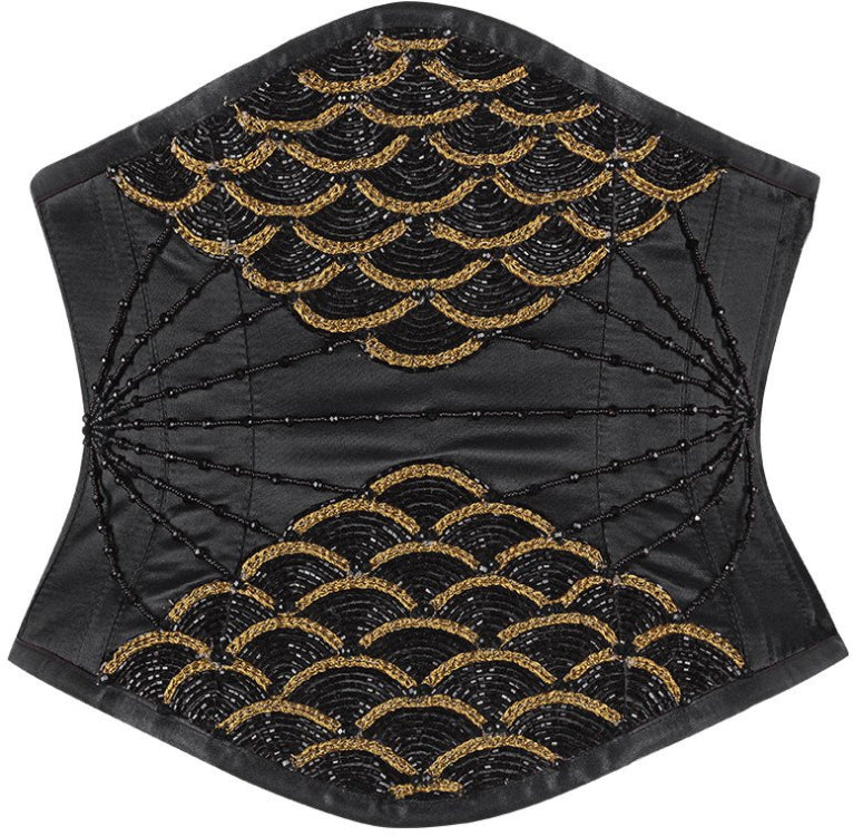 Satin Black Embroidered Fish Scale Waist Reducing Underbust Corset ...